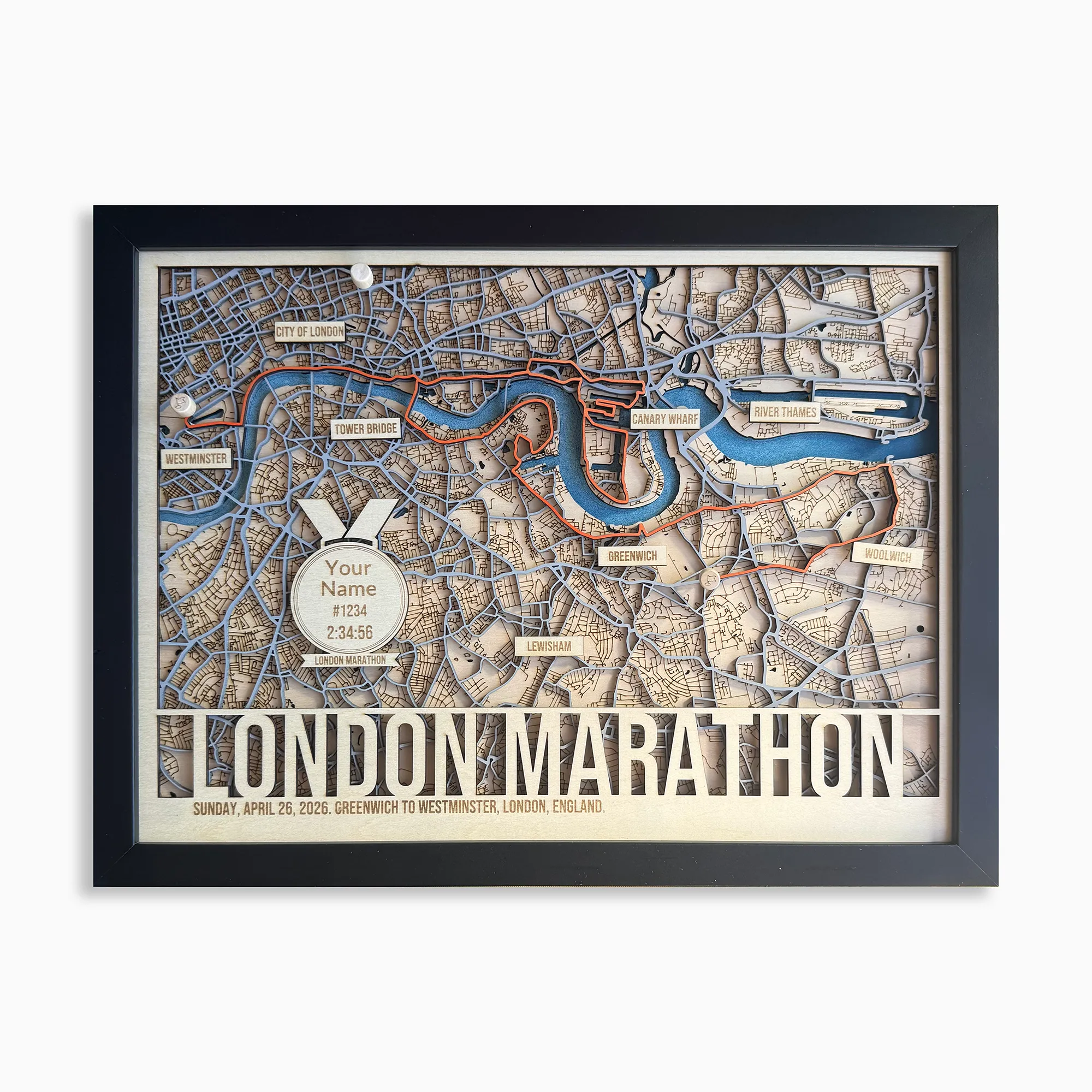 London Marathon Wooden Route Map – Personalised 3D Wall Art for Runners ...